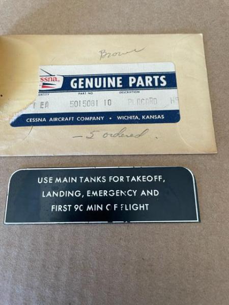 Cessna Fuel Use Placard PN 5015081-10. New.