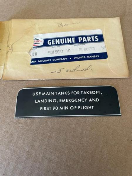 Cessna Fuel Use Placard. PN 5015081-10. New.
