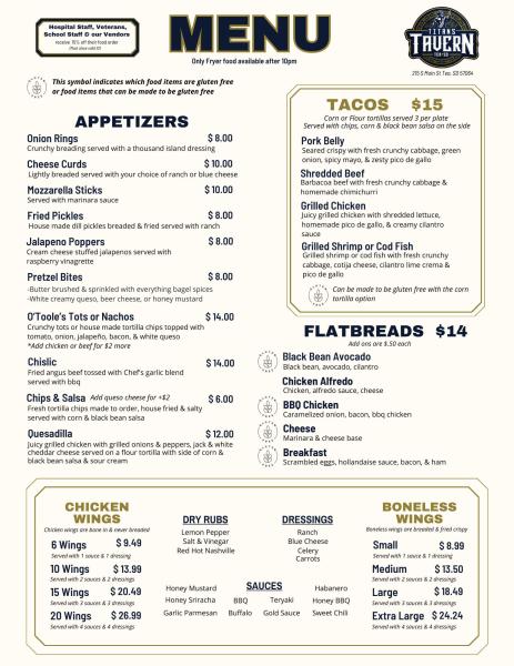 Titans Tavern In Tea SD | Menu